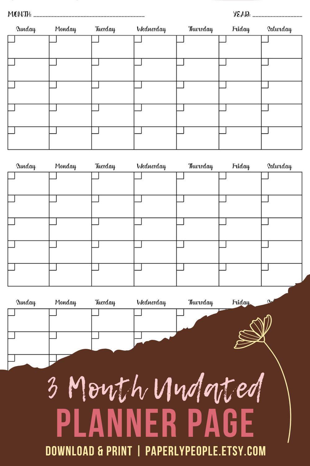 3 Month Calendar | Printable Planner Sheet | 8.5X11 Letter Sized ...