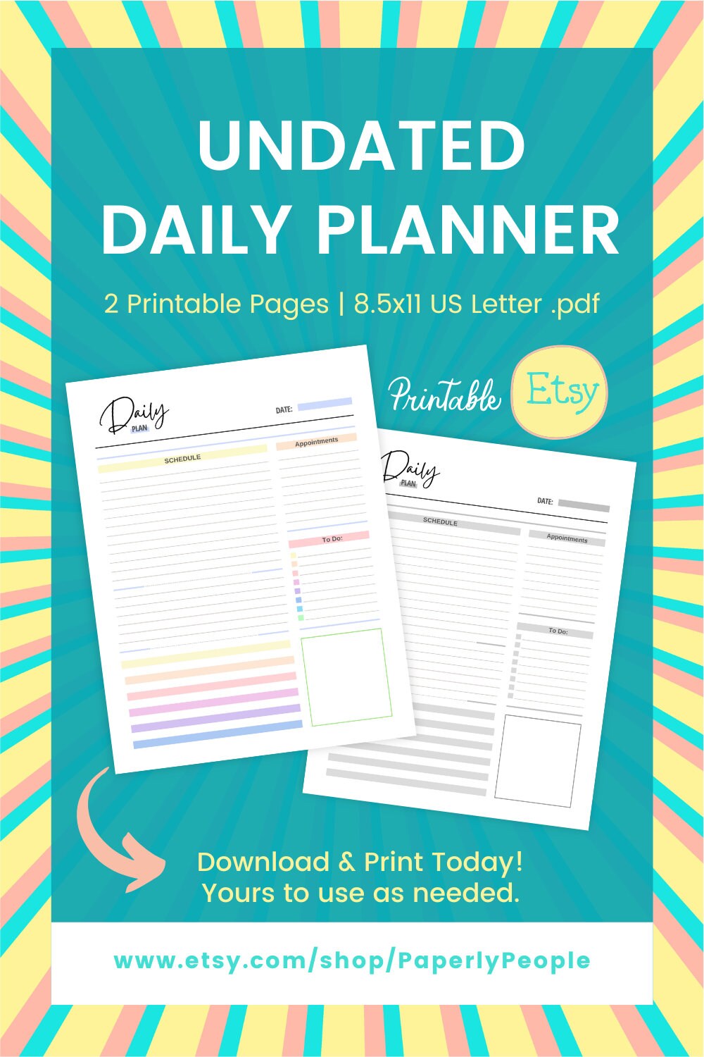 Printable Daily Planner Undated Daily Goal Sheet Minimalist Planner 8 ...