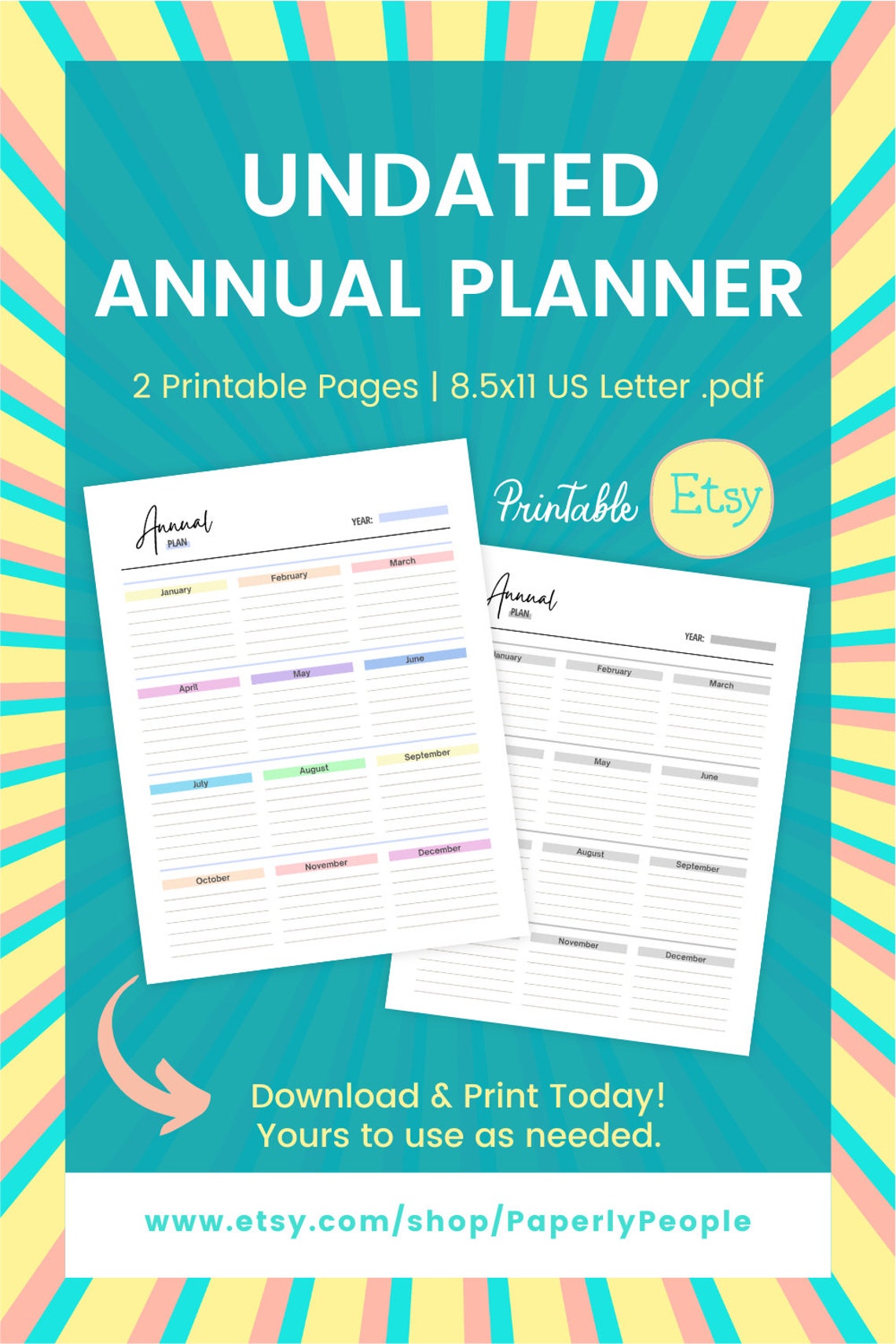 12 Month Goal Planner Undated Yearly Goal Sheet Minimalist Planner 8 ...
