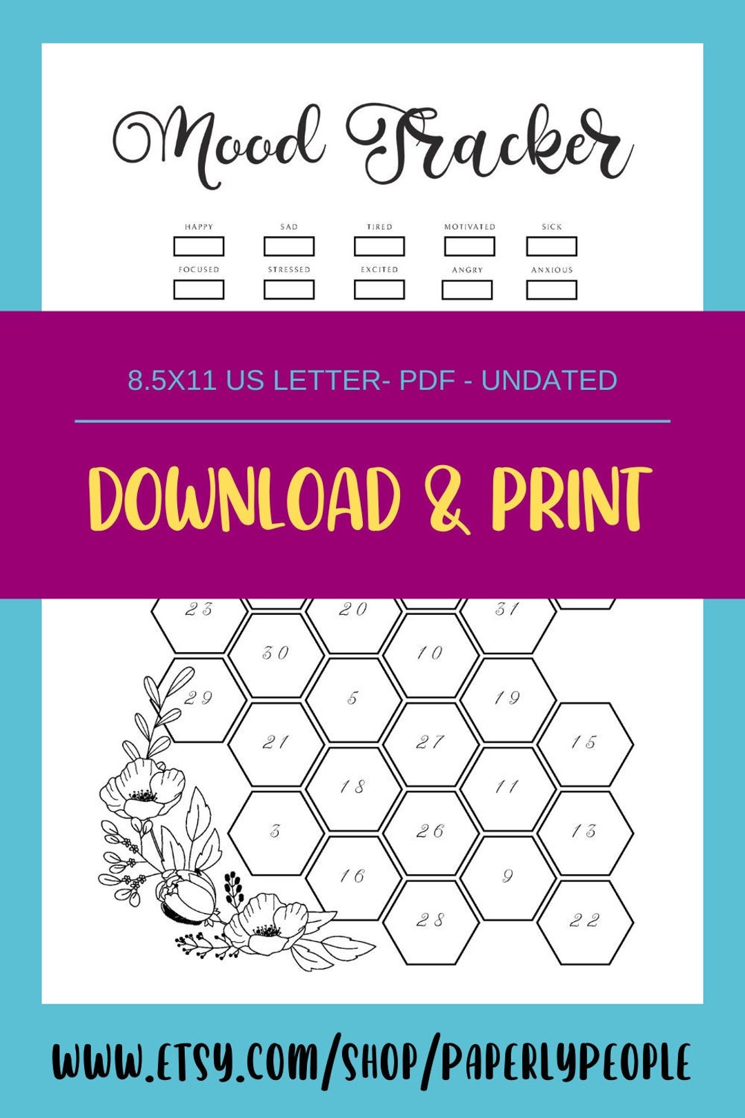 Printable Mood Tracker Worksheet | Anxiety Tracker | 30 Day Undated US ...