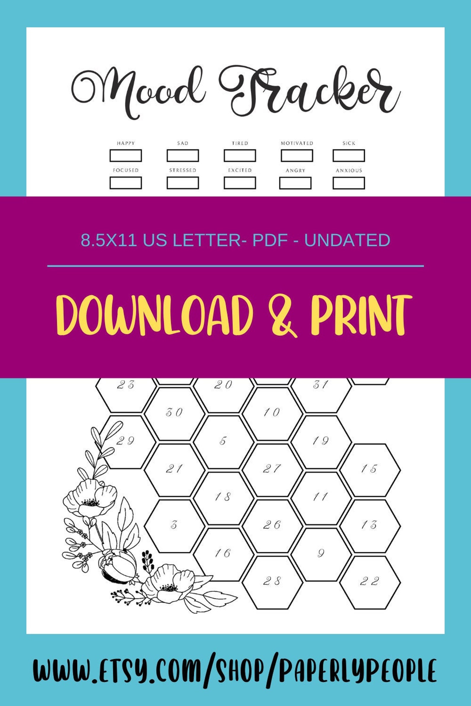 Printable Mood Tracker Worksheet | Anxiety Tracker | 30 Day Undated US ...