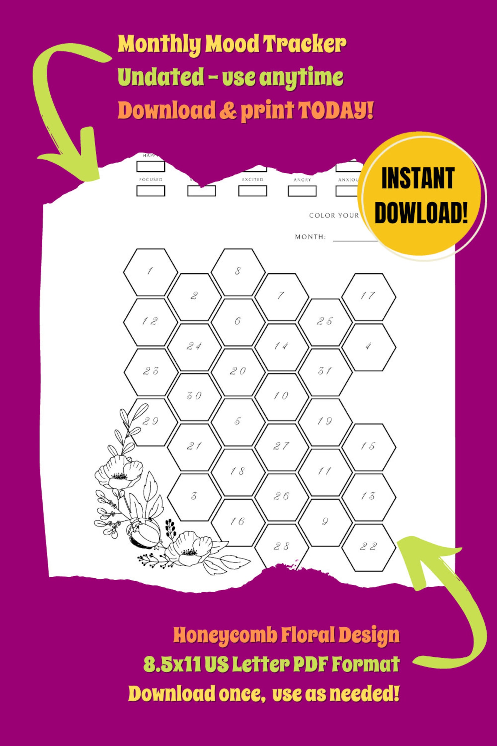 Printable Mood Tracker Worksheet | Anxiety Tracker | 30 Day Undated US ...