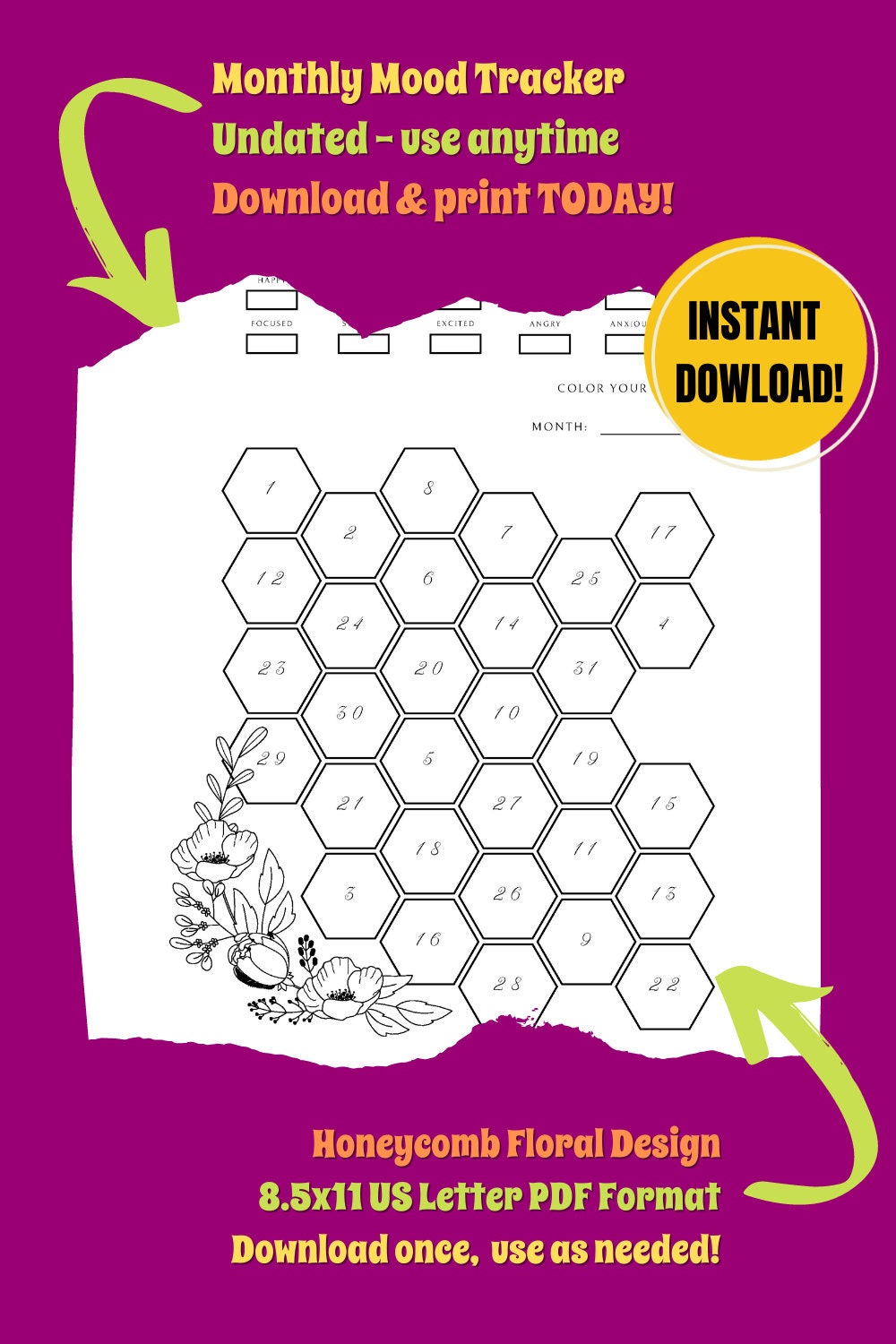 Printable Mood Tracker Worksheet | Anxiety Tracker | 30 Day Undated US ...