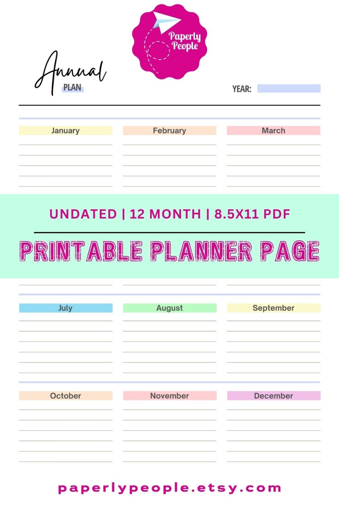12 Month Goal Planner Undated Yearly Goal Sheet Minimalist Planner 8 ...