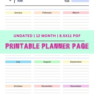 12 Month Goal Planner | Undated Yearly Goal Sheet | Minimalist Planner ...