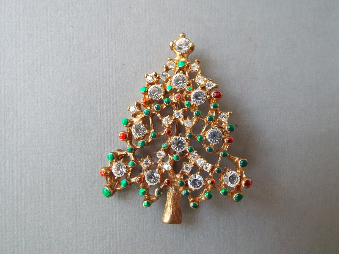 Vintage Christmas Tree Pin Multi Color Rhinestones Clear Red - Etsy