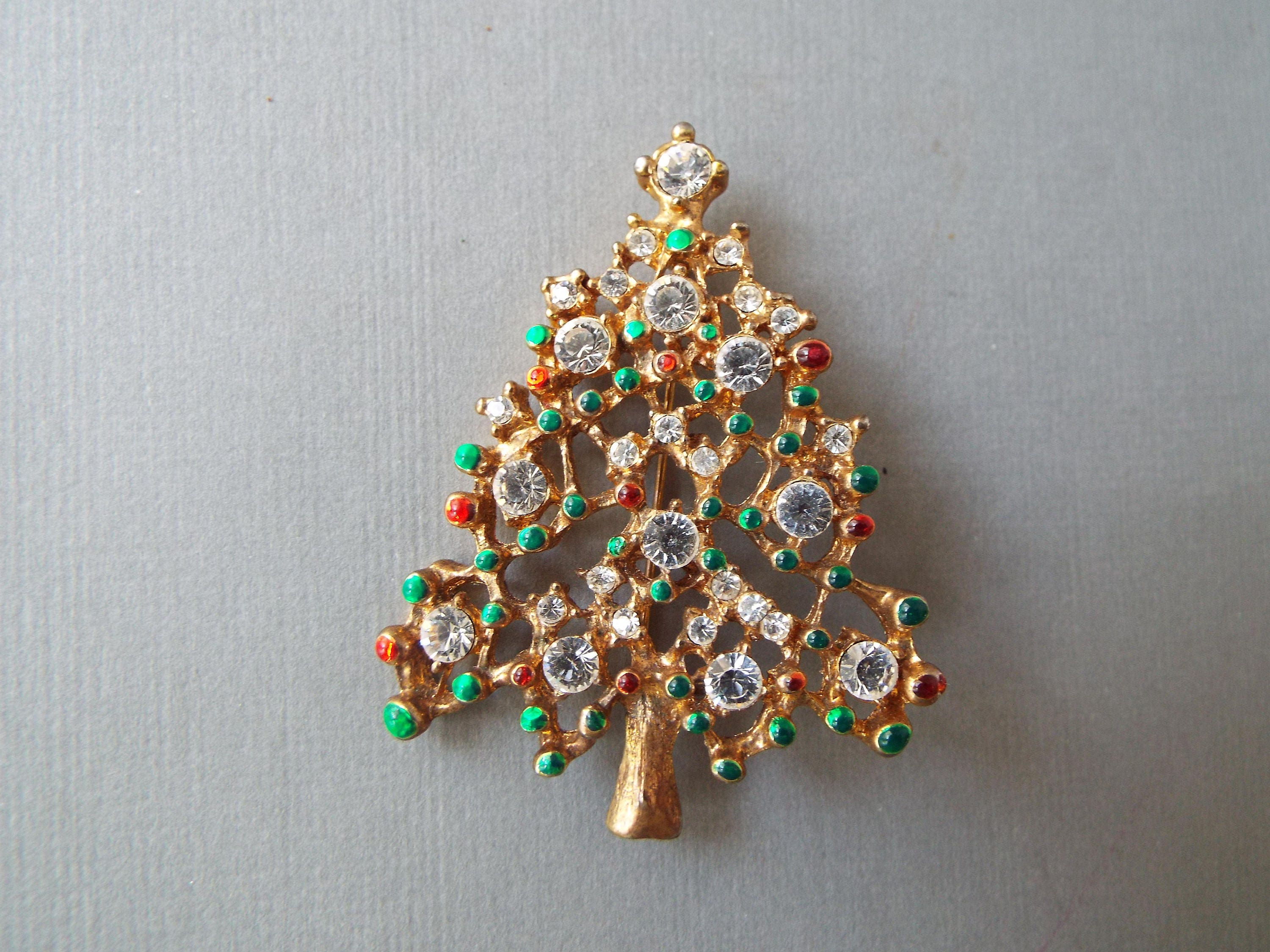 Vintage Christmas Tree Pin Multi Color Rhinestones Clear Red Green ...