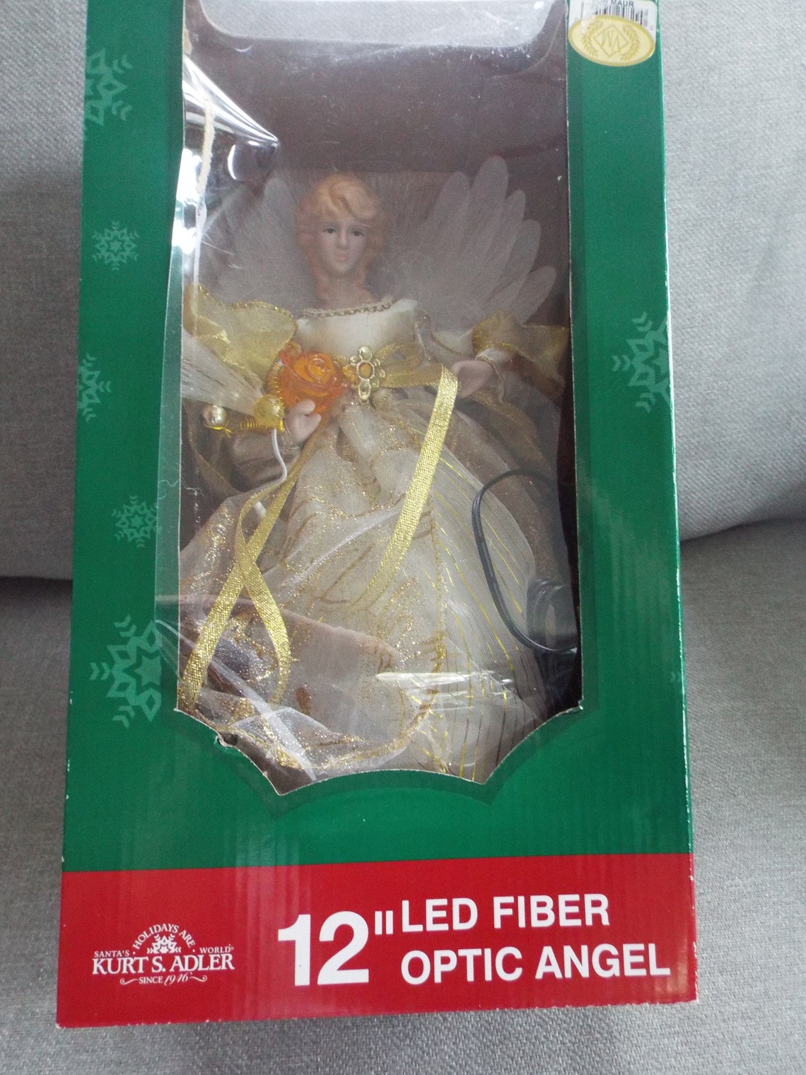 12" Kurt Adler Angel Tree Topper Fiber Optic Lace Dress Porcelain Face ...