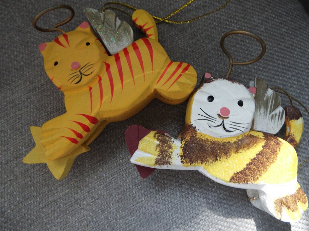 Pair of 3D Carved Solid Wood Christmas Angel Cat Ornaments 3" X4" Hand ...