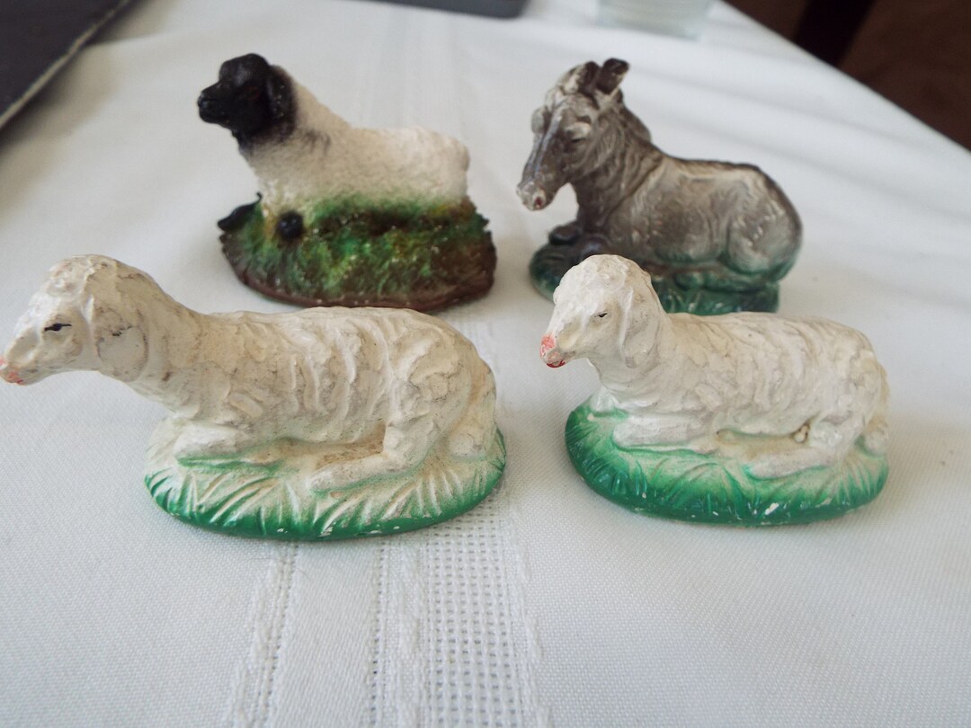 Set of 4 Chalkware Putz Animals Sheep Donkey Japan Nativity Set ...