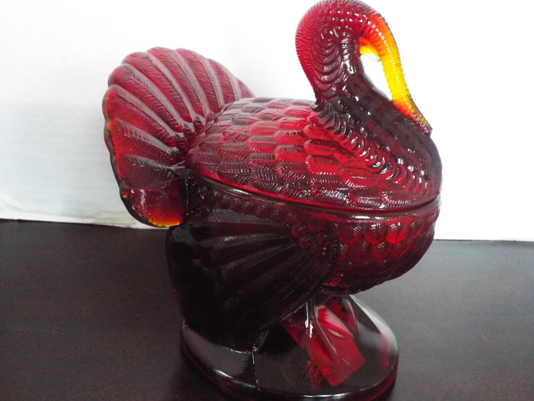 L.E. Smith Red Burgundy Glass Turkey Thanksgiving Covered Candy Dish ...
