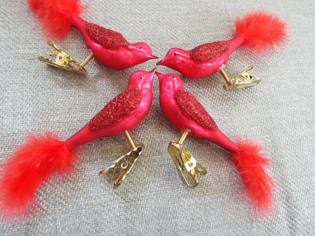 Set of 4 Hand Blown Glass Red Bird Feather Tail Clip on Christmas ...