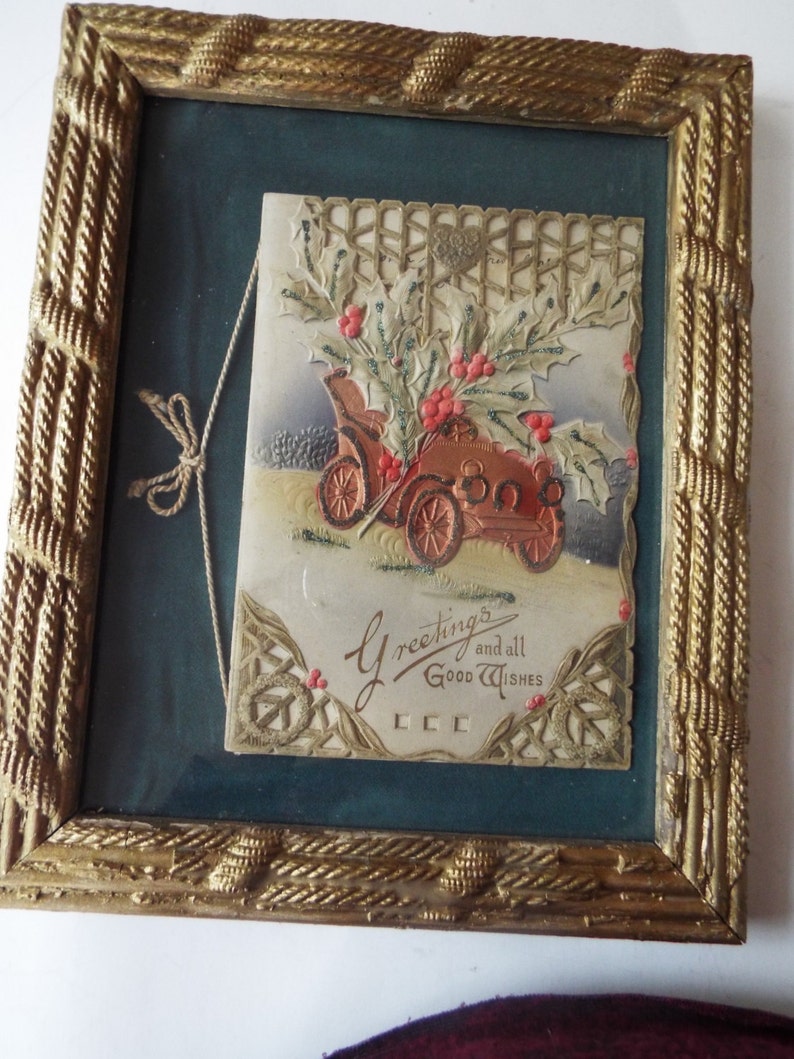 Antique 1910 Embossed Christmas Card Roadster Car Holly Gold - Etsy