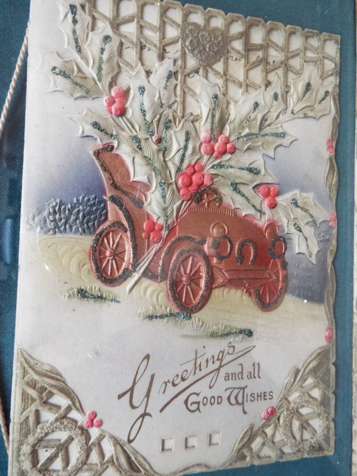Antique 1910 Embossed Christmas Card Roadster Car Holly Gold - Etsy