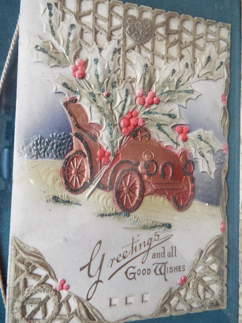 Antique 1910 Embossed Christmas Card Roadster Car Holly Gold - Etsy