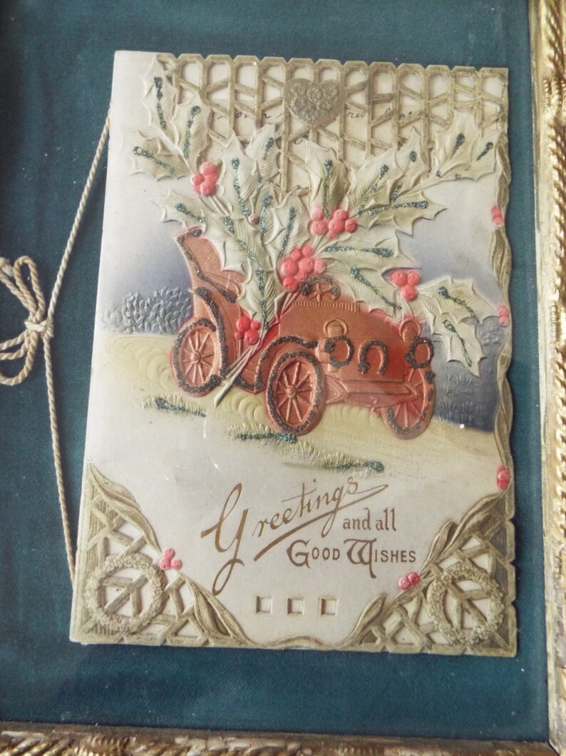 Antique 1910 Embossed Christmas Card Roadster Car Holly Gold - Etsy