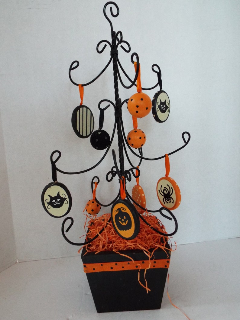 17 Halloween Wire Tree With 9 Wood Ornaments Wood Base | Etsy