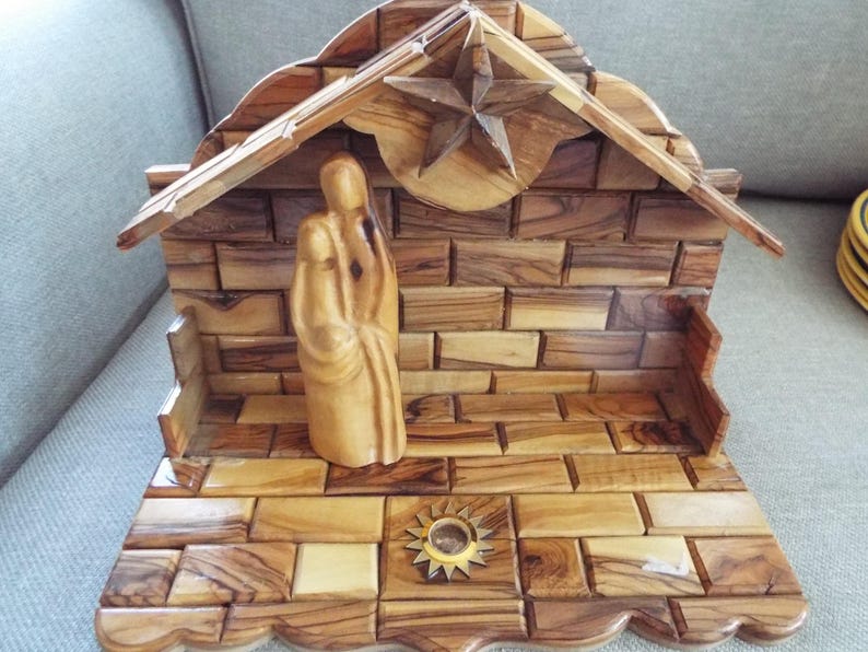 Olive Wood Nativity Manger Holy Land Relic Holy Family Figurine ...