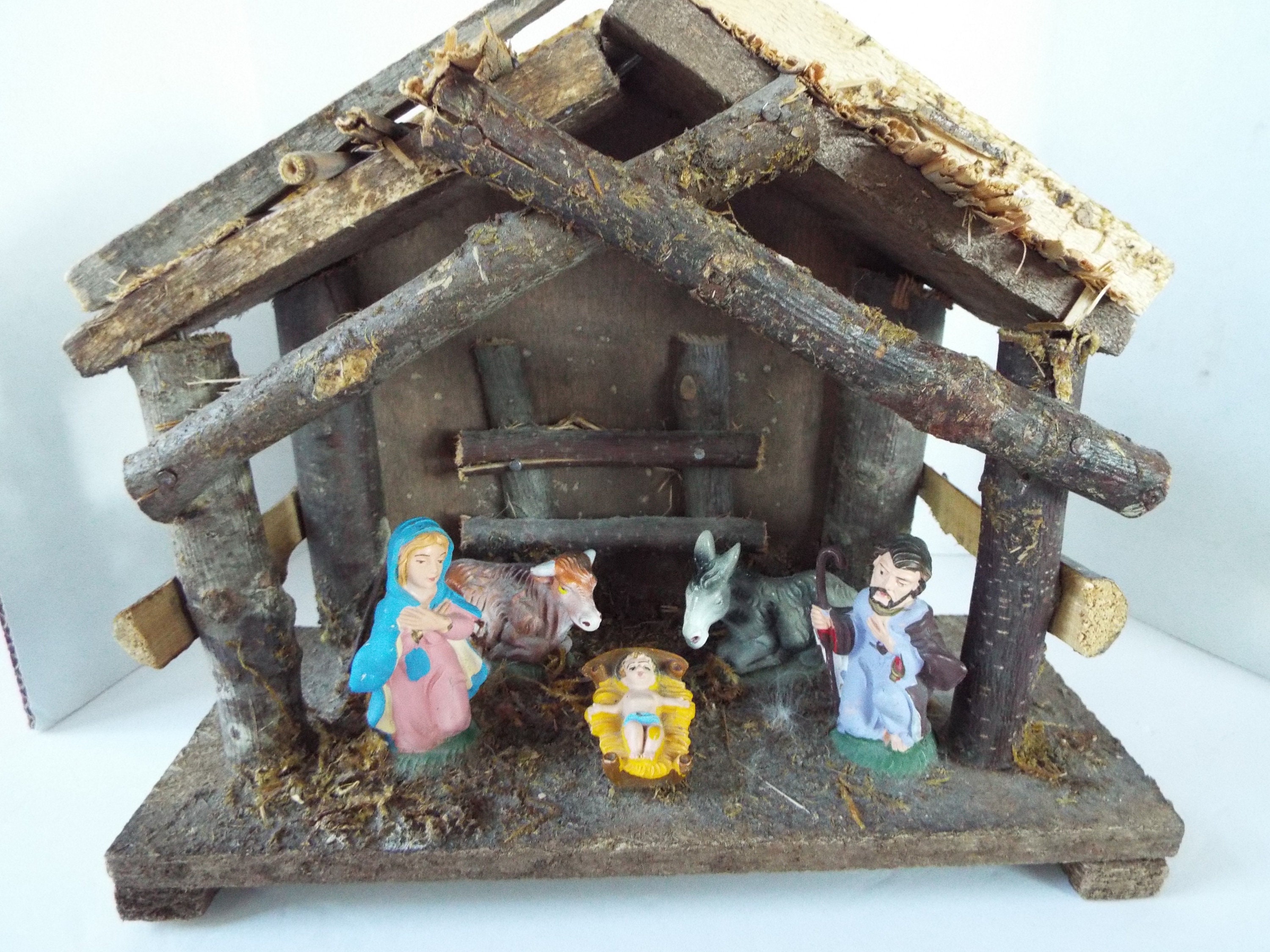 Small Nativity Set and Stable Chalk Ware Wood Stable Marked - Etsy