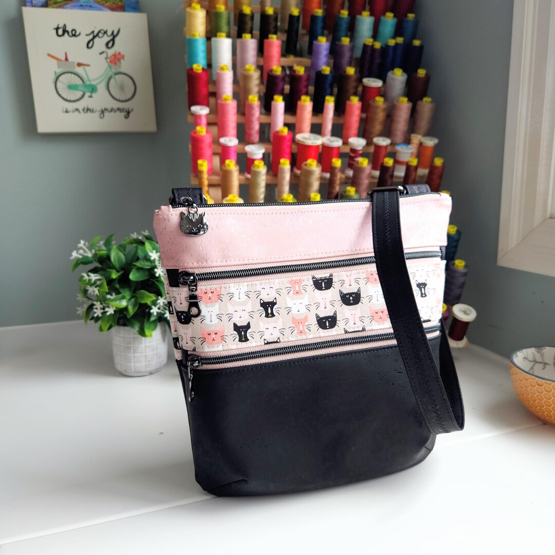 Triple Zip Crossbody Cork Fabric, Cat Lovers Pink/ Cats/ Black With Gun ...