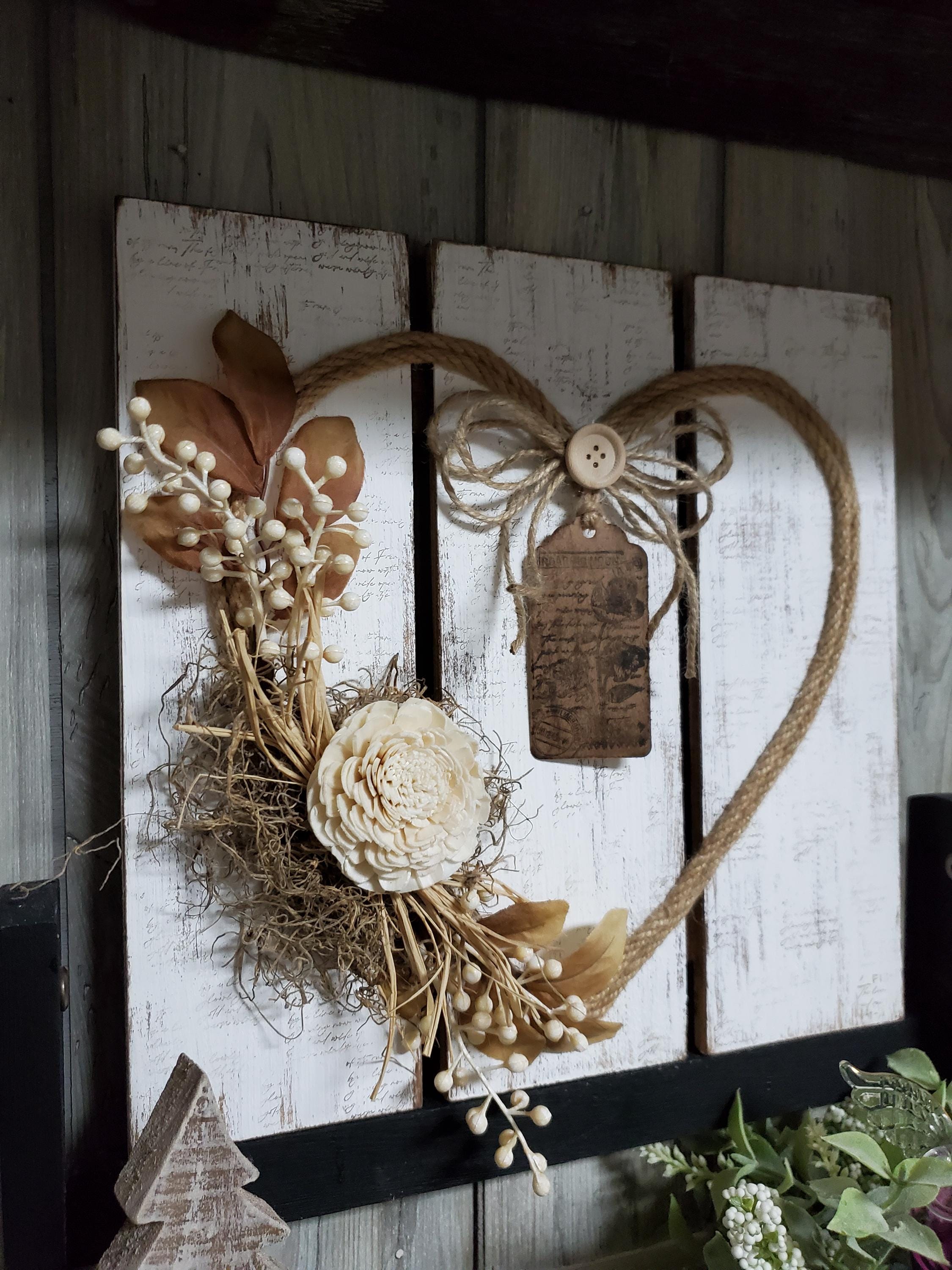 Farmhouse Heart Wall Sign, Wall Decor, Solo Wood Flower Sign, Jute ...