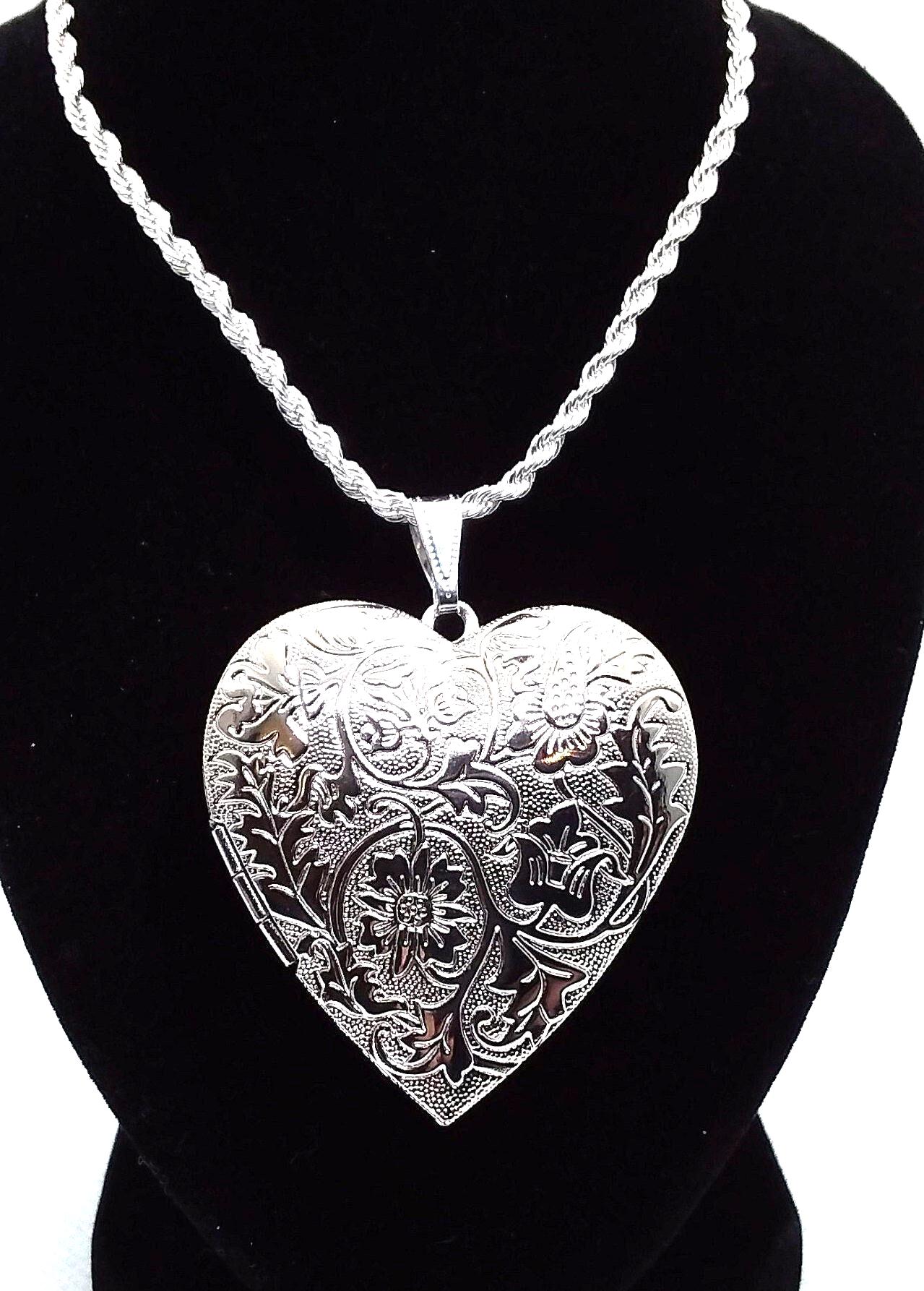 Silver-plated HUGE Heart Photo Locket Necklace on 925 Sterling Rope ...