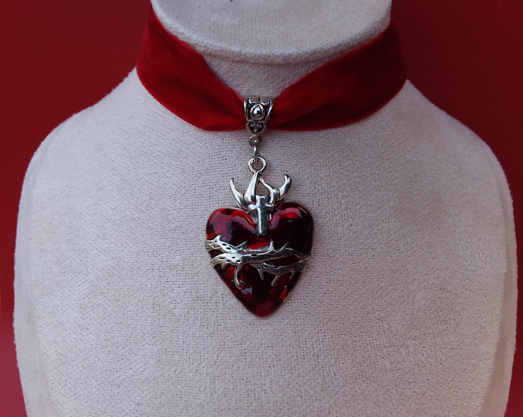 Red Devil Heart Choker Steampunk Silver & Red Heart Choker Gothic Gift ...