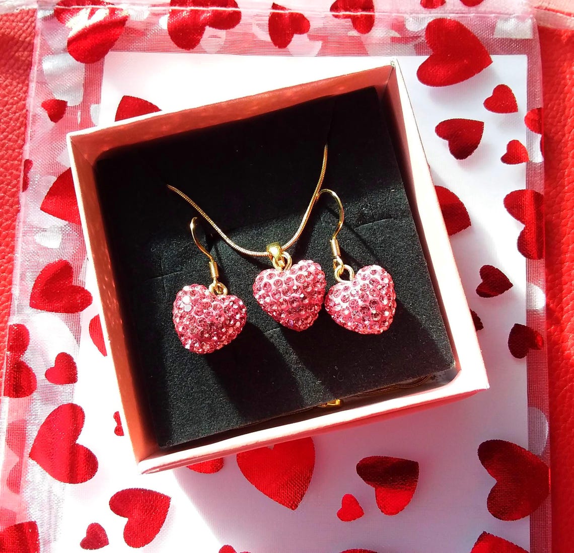 Pink Glitter Heart Jewelry Set by the Healing Gypsy* Pink Heart Charm ...