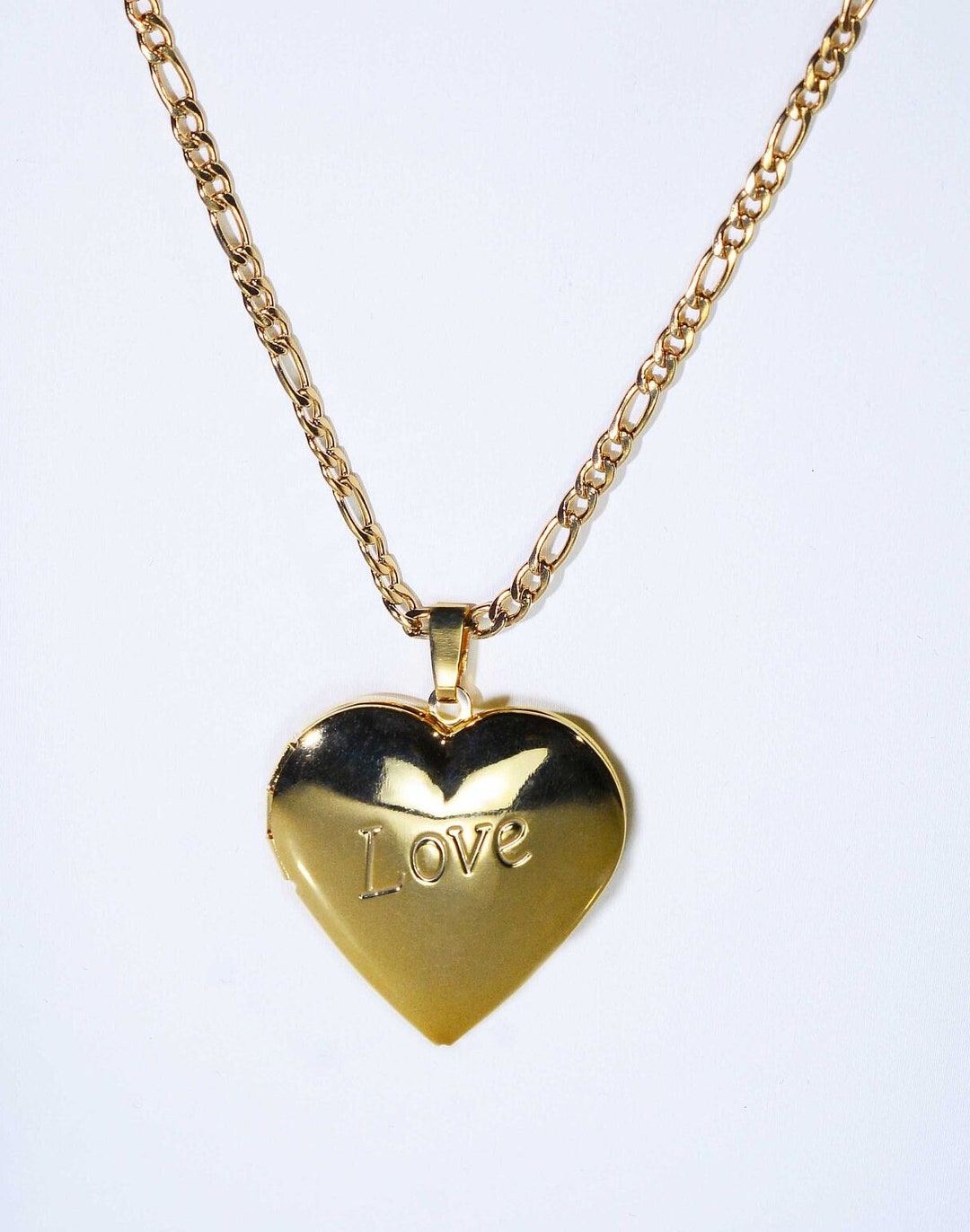 Shiny Gold Heart LOVE Locket on Figaro Chain Valentine Gift gold Love ...
