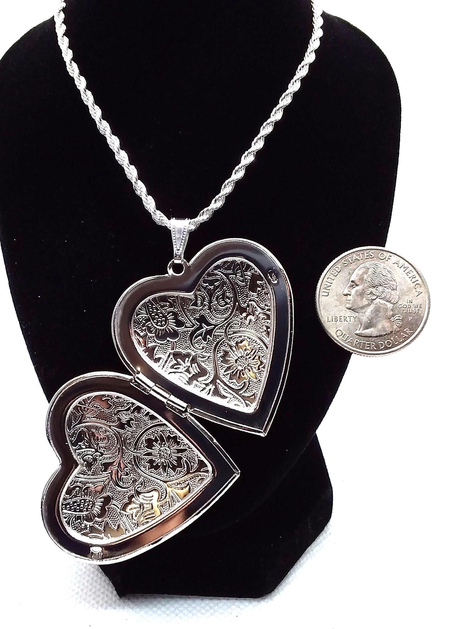 Silver-plated HUGE Heart Photo Locket Necklace on 925 Sterling Rope ...