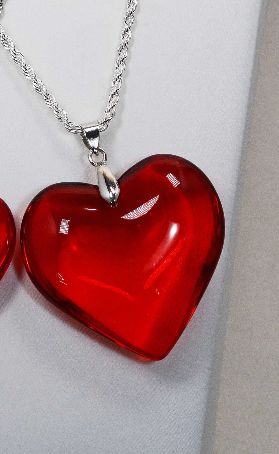 Large Red Glass Heart Pendant Necklace on 60cm Silver 925 Rope Chain ...