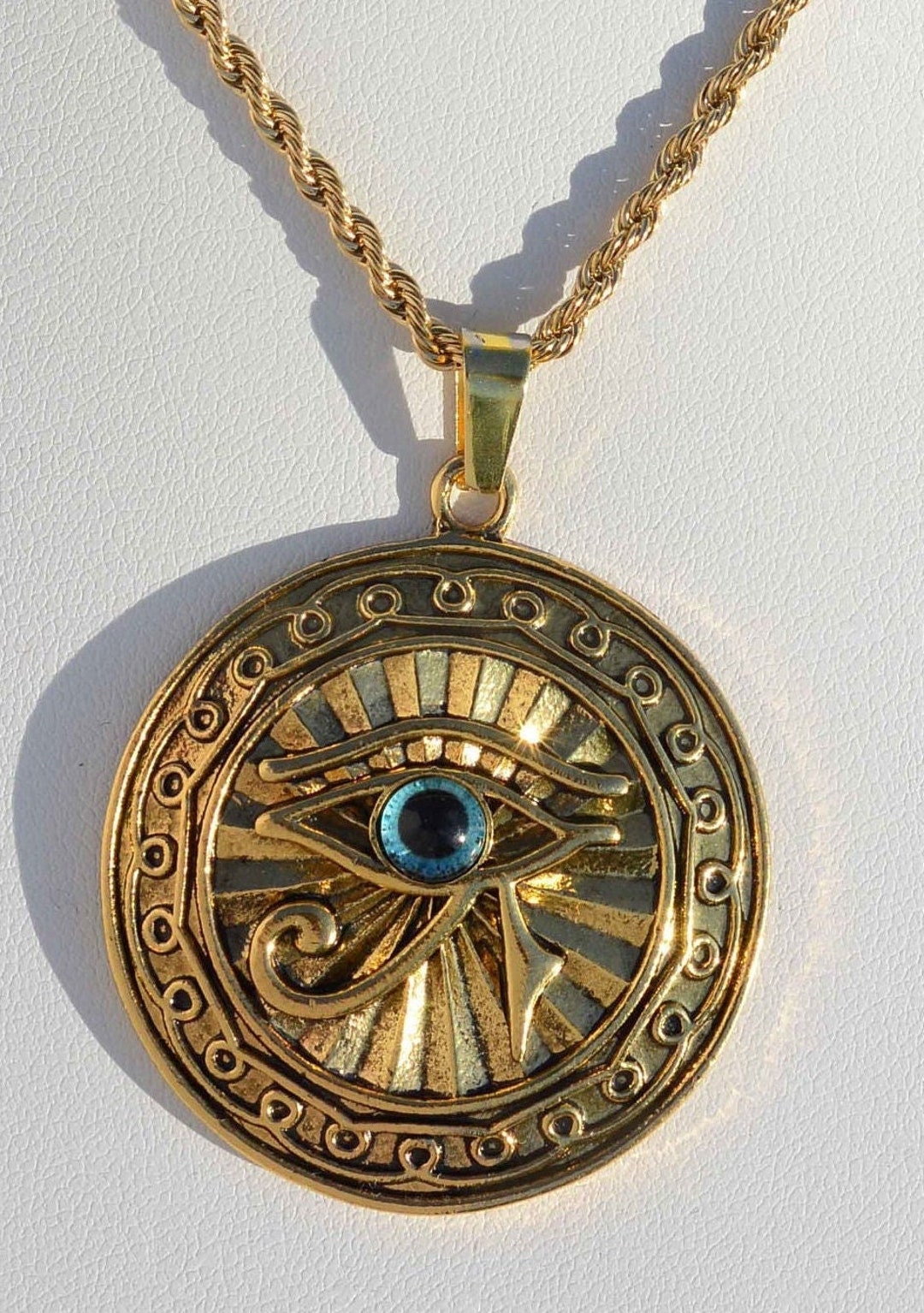 Large Eye of Horus Pendant on a 2 Mm Gold Rope Chain Egyptian Necklace ...