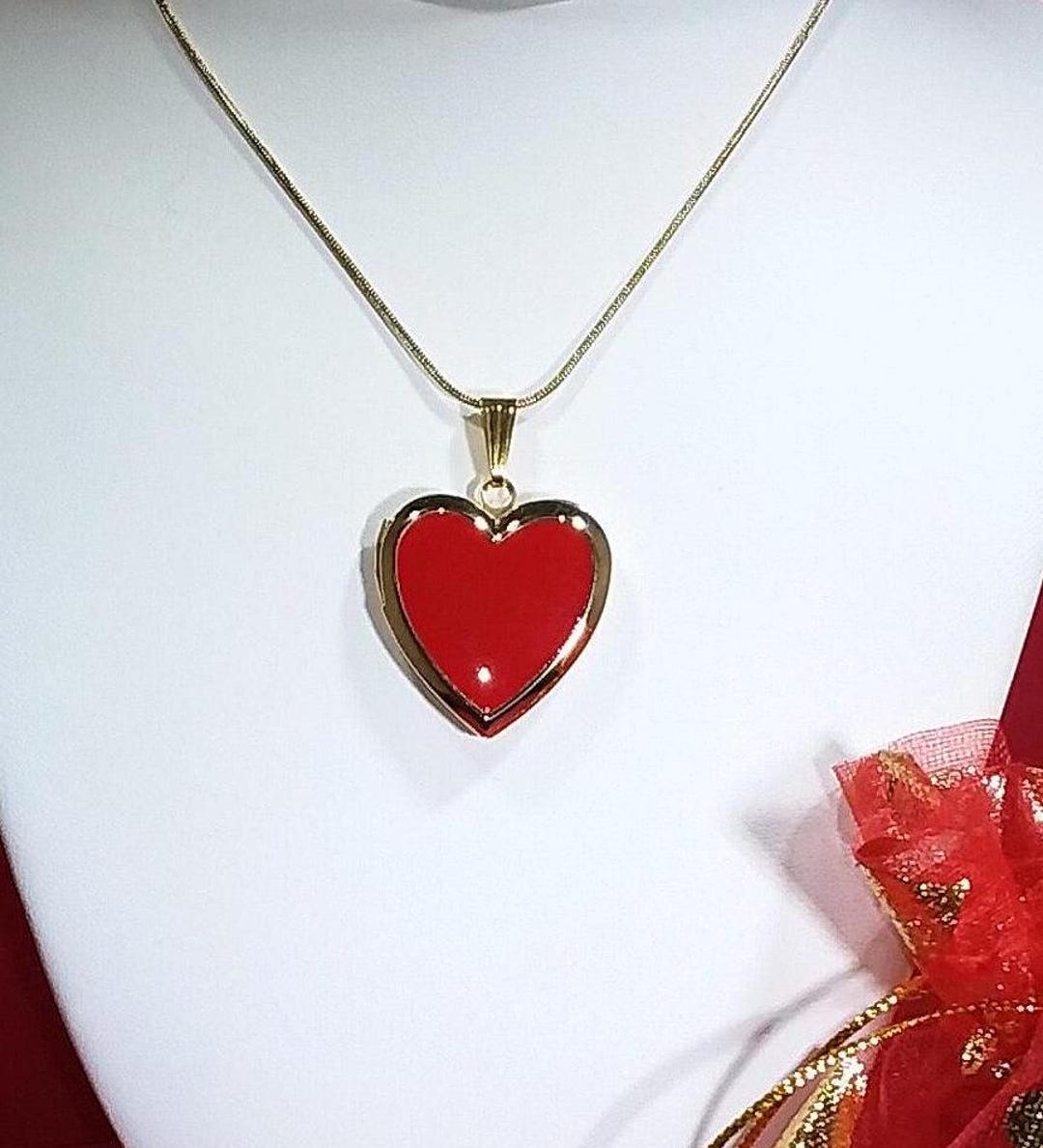 LOCKET Red and Gold Heart Shaped Photo Locket Red Heart Locket Keepsake ...