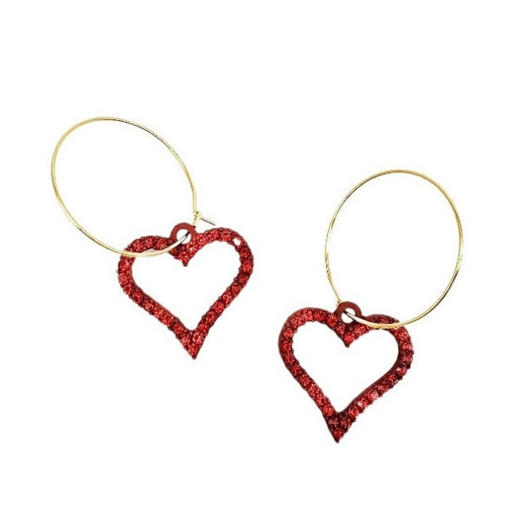 Rhinestone Heart Earrings Red Crystal Heart Earrings - Etsy