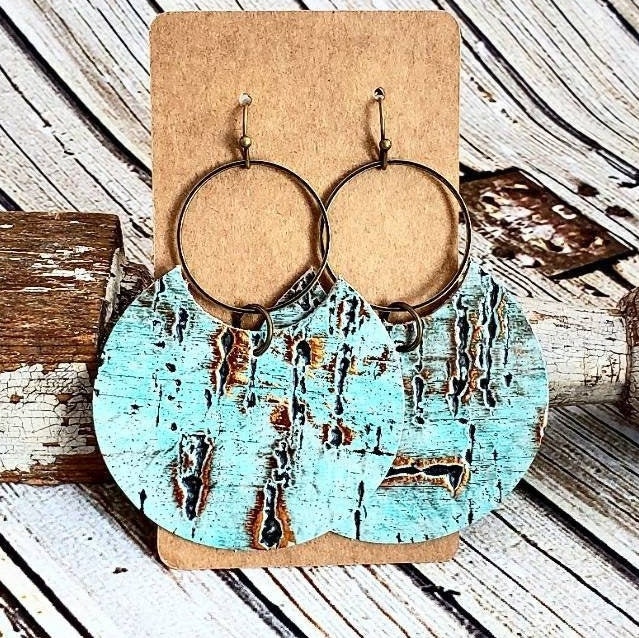 Turquoise Leather Earrings Rustic Leather Earrings Large | Etsy