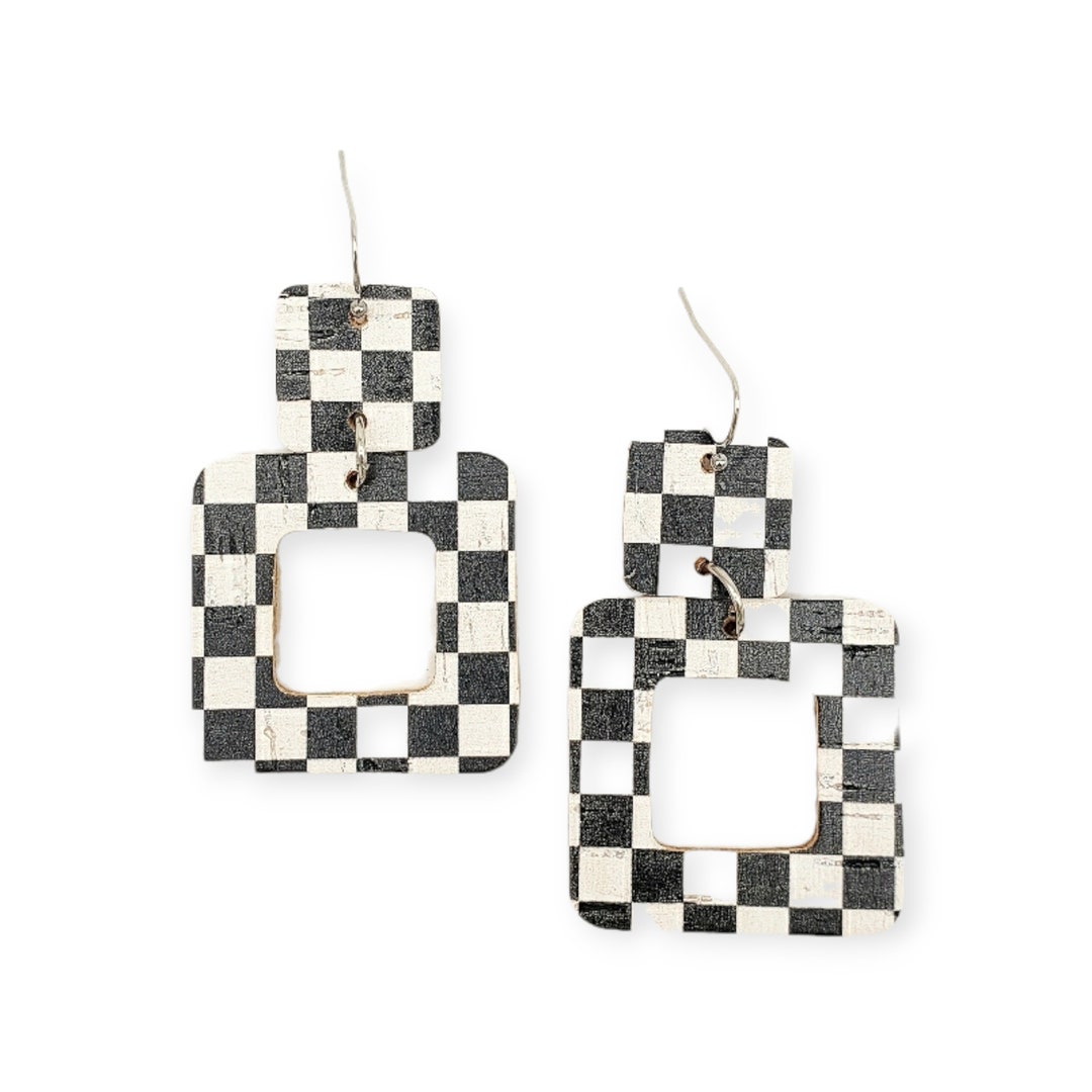 Black and White Checkered Earrings, Checkerboard Leather Earrings, Cut Out Square Earrings ...