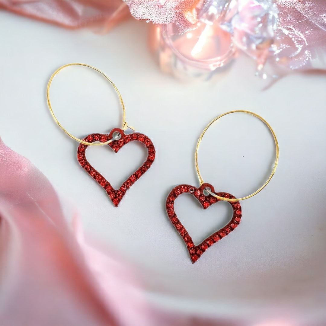 Rhinestone Heart Earrings, Red Crystal Heart Earrings, Valentines ...