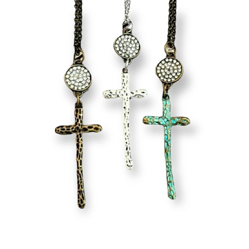 Rhinestone Cross Necklace Hammered Cross Necklace Long Cross - Etsy