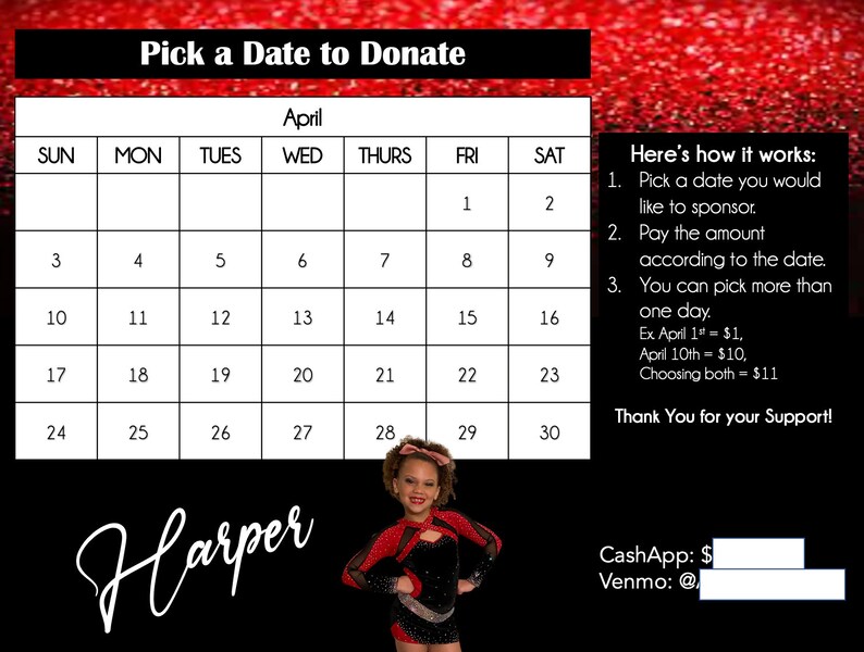 Cheer Fundraiser Calendar Printable Calendar