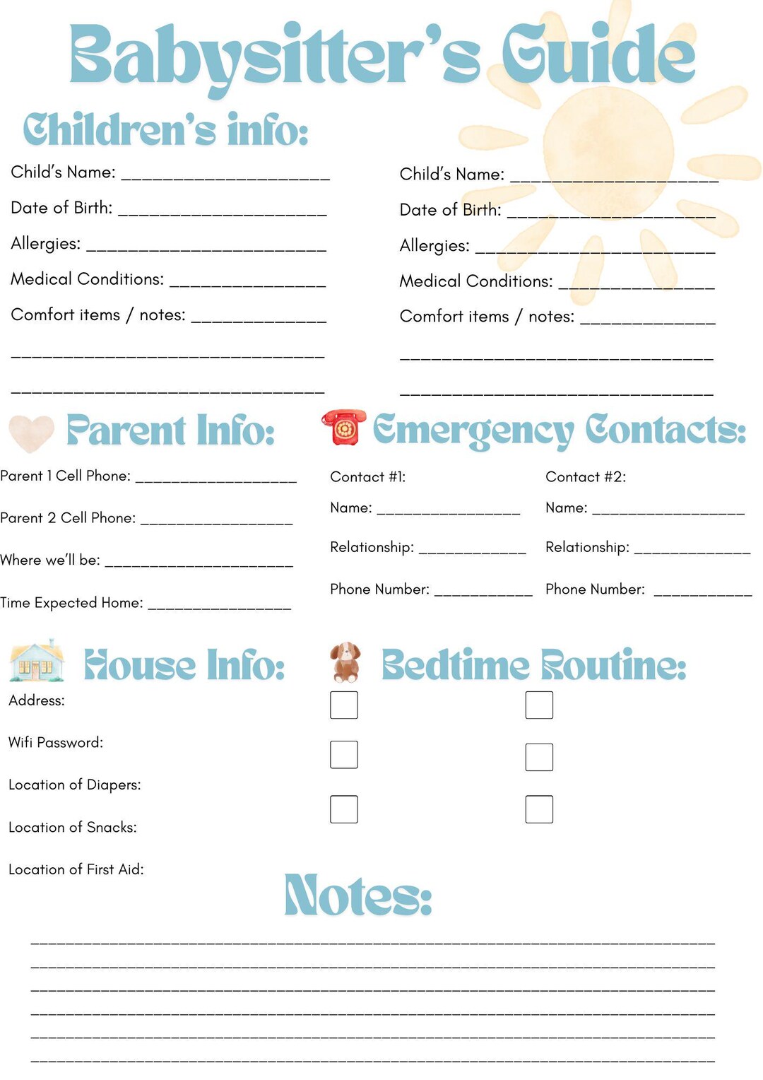 Babysitter Guide, Babysitter's Guide, Babysitter's Information Sheet ...