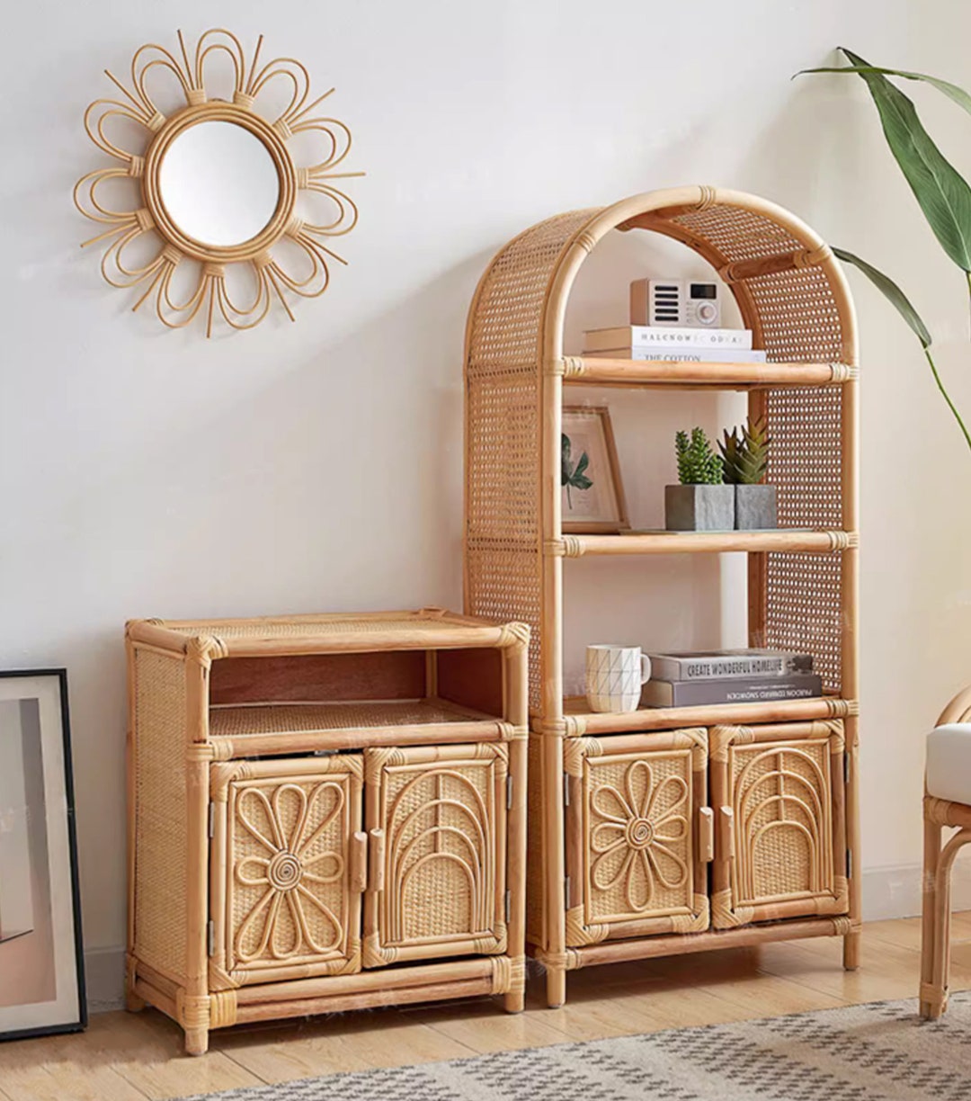 Retro Storage Bookshelf Small Rattan Storage Cabinet Rattan Woven ...