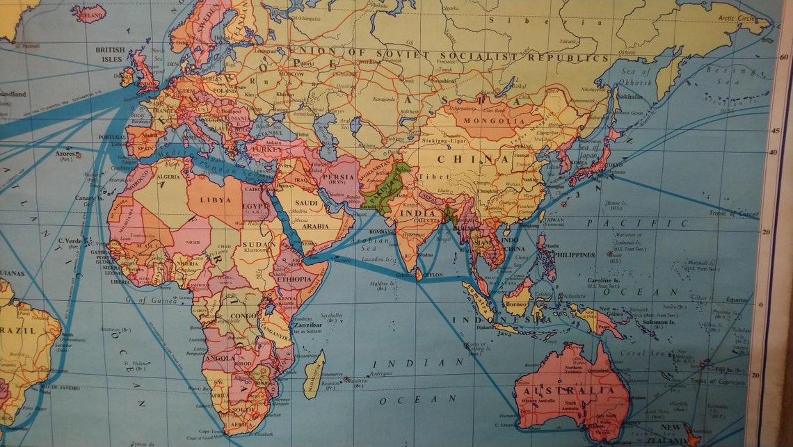 Vintage Map of the World 1970s Phillips Shipping Routes Wall Hanging ...
