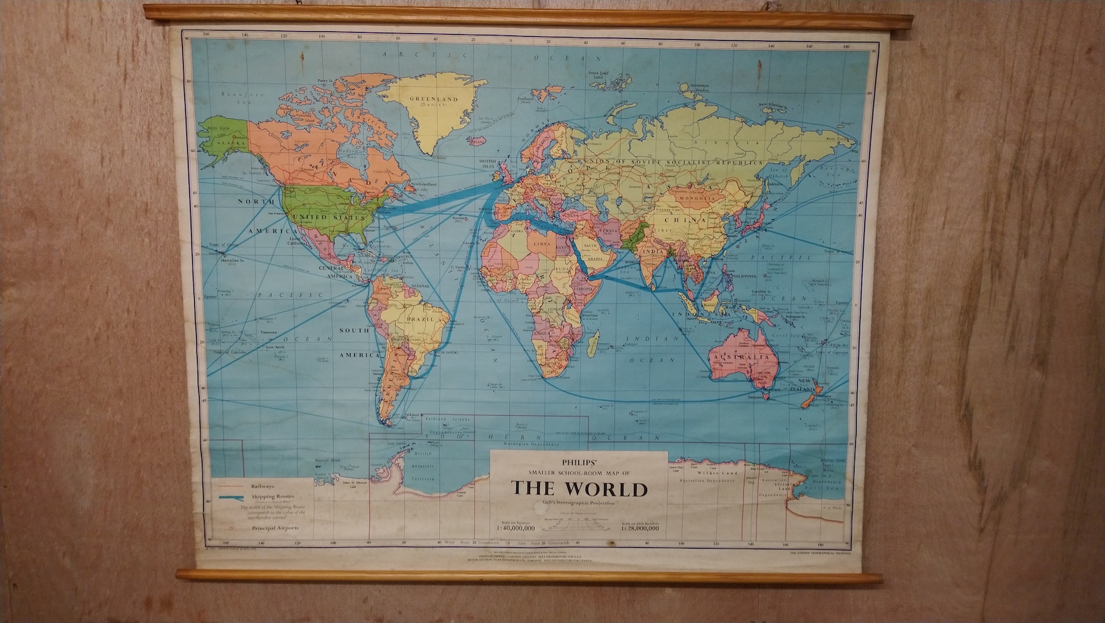 Vintage Map of the World 1970s Phillips Shipping Routes Wall Hanging ...
