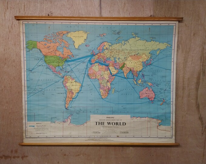 Vintage Map of the World 1970s Phillips Shipping Routes Wall Hanging ...