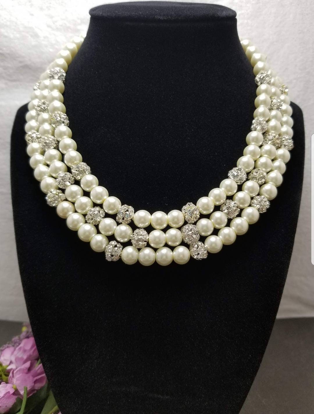 3 strand pearl and rhinestone necklace | Etsy