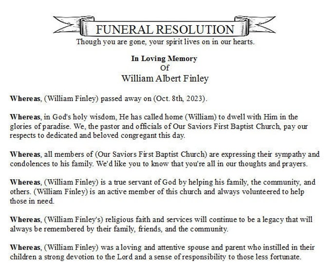 Funeral Resolution Template: Editable Church Memorial (word Document ...