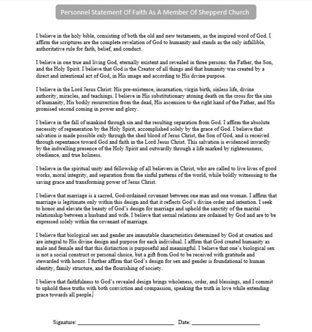 Personnel Statement of Faith Template: Editable Church Form (word ...