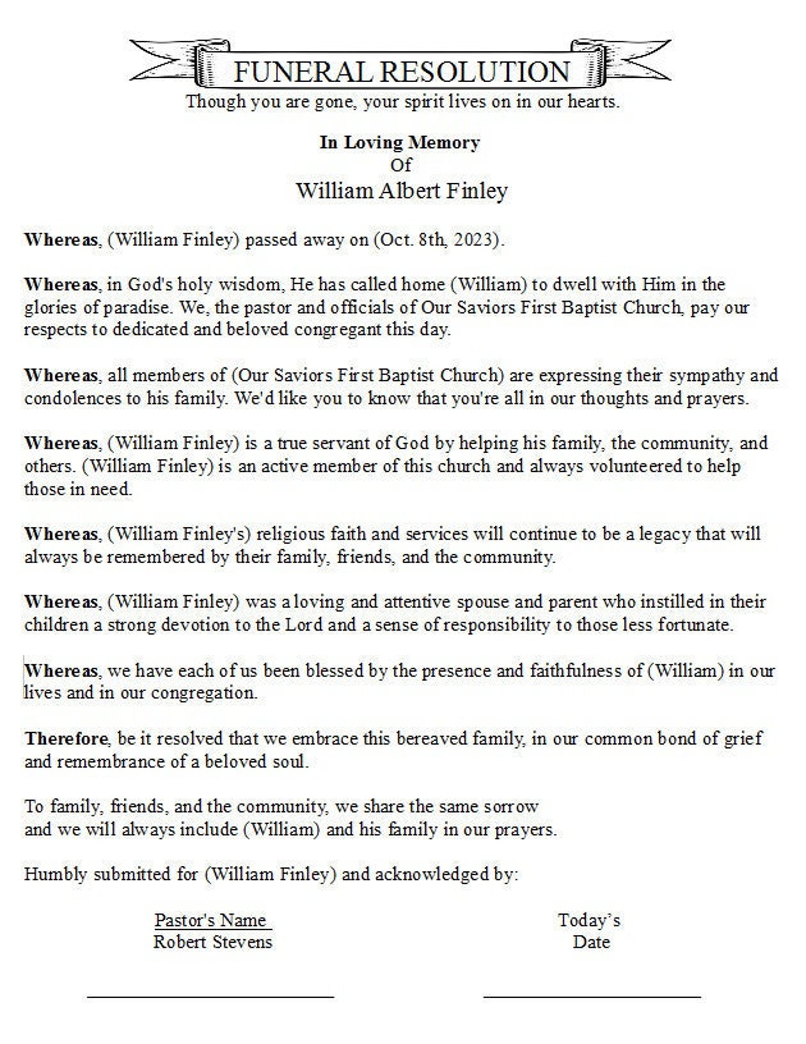 Funeral Resolution Template: Editable Church Memorial (word Document ...