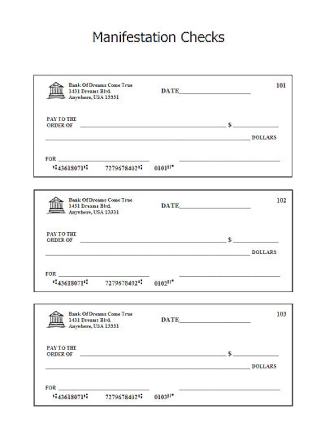 Manifestation Checks Printable Worksheet: Abundance Law of Attraction ...