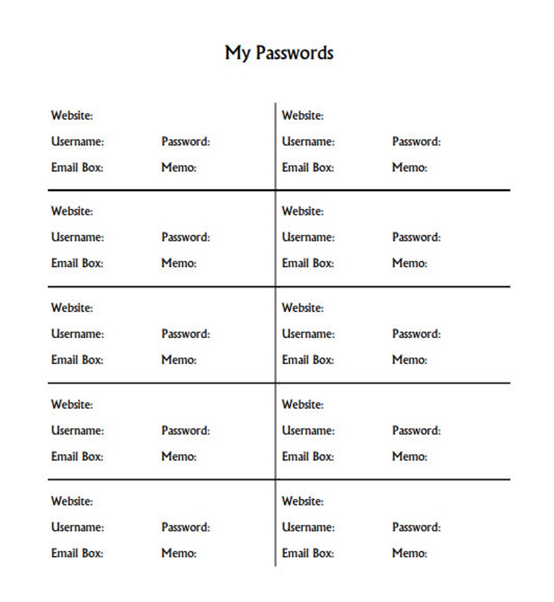 Blank Password Sheet 10 Boxes Digital - Etsy